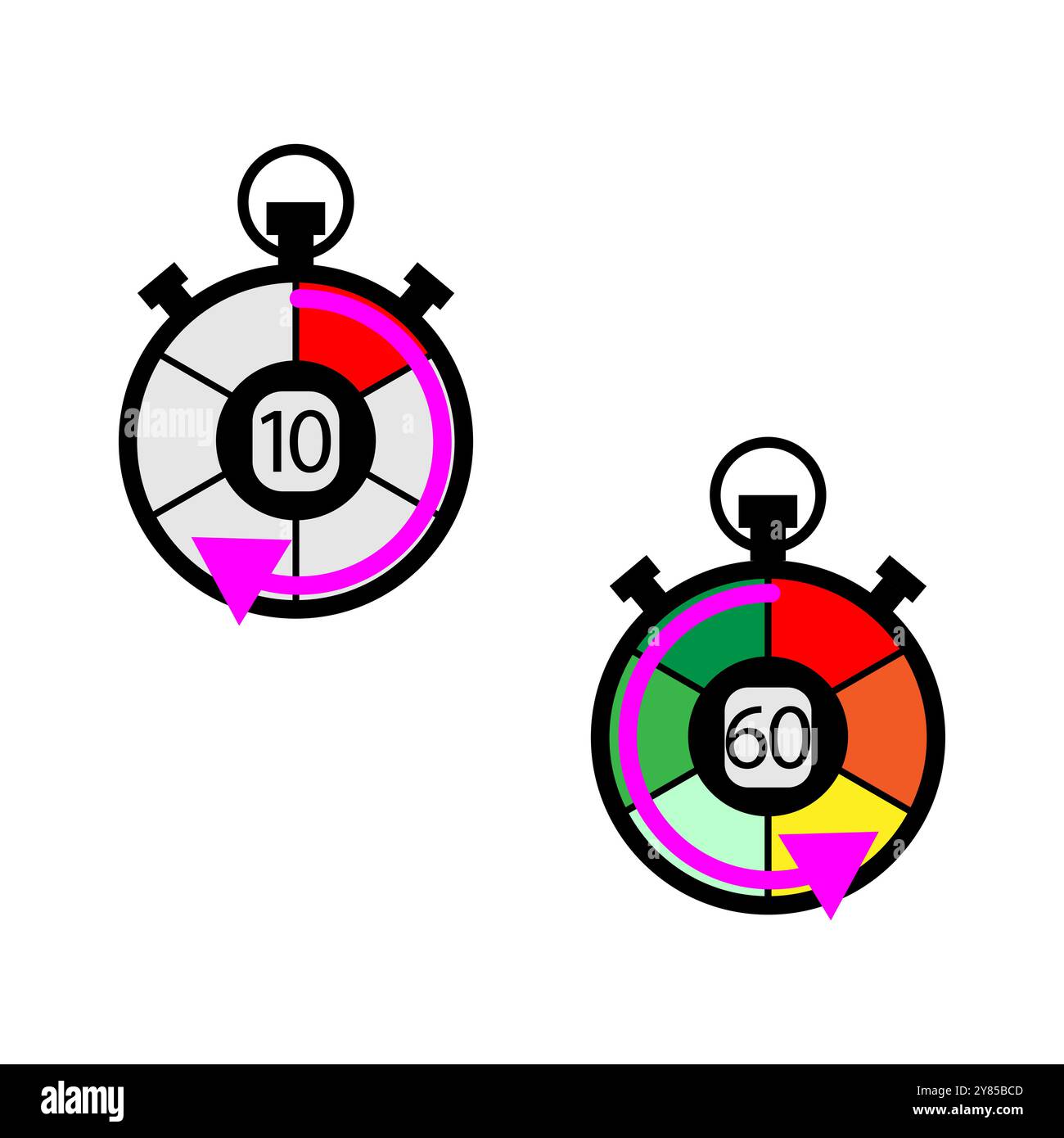Countdown timer icons. Colorful stopwatch graphics. Vector time indicators. Bold circular shapes ...