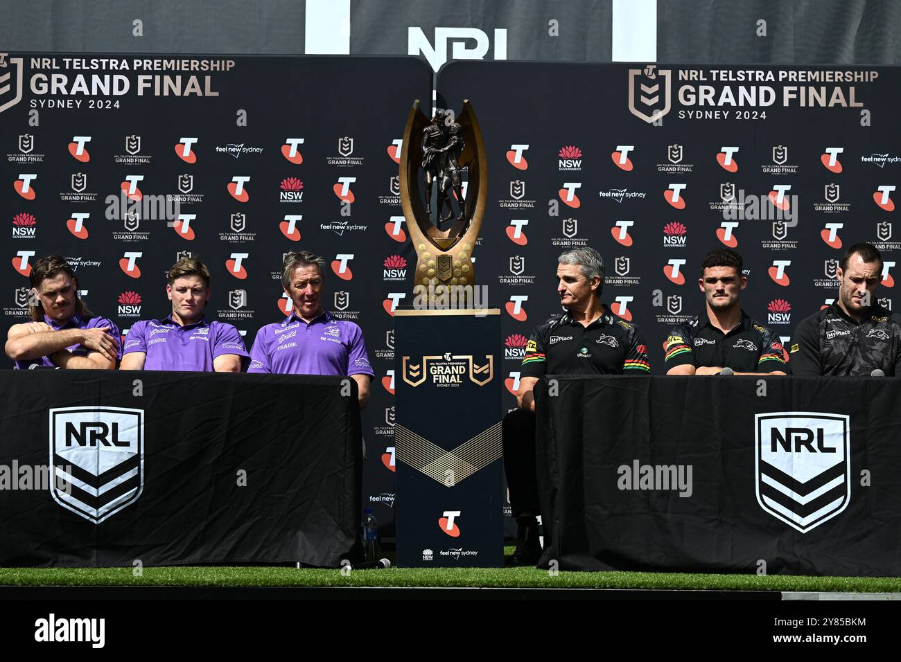 Sydney, Australia. 03rd Oct, 2024. (L-R) Ryan Papenhuyzen, Harry Grant and Storm head coach ...