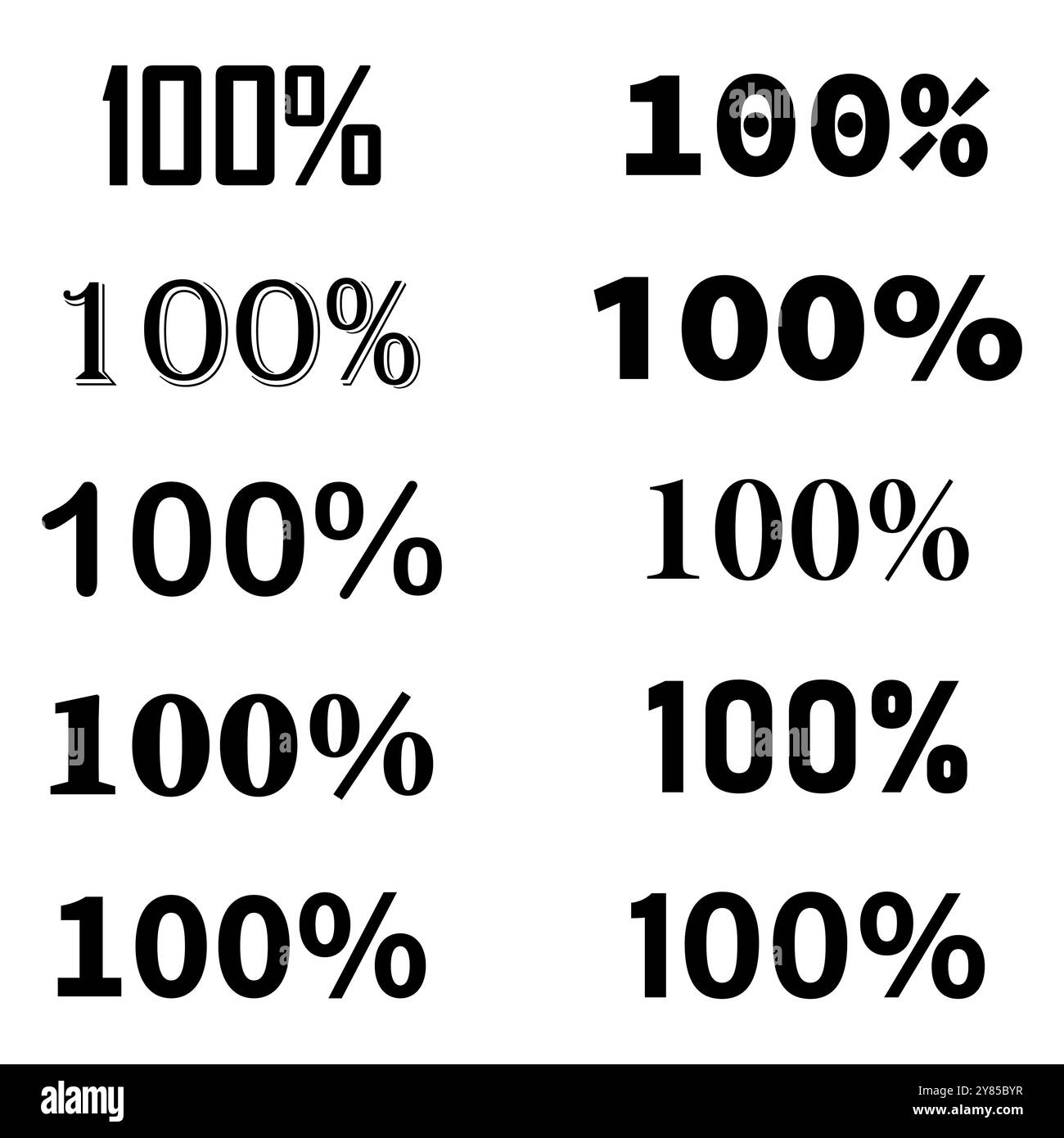 100 percent vector. Bold 100 text. Various font styles shown. Black and ...