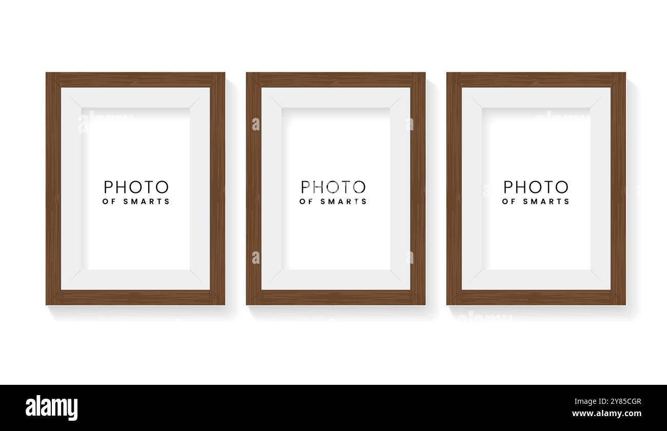 Three Wooden rectangle picture frames on isolated white surface wall ...