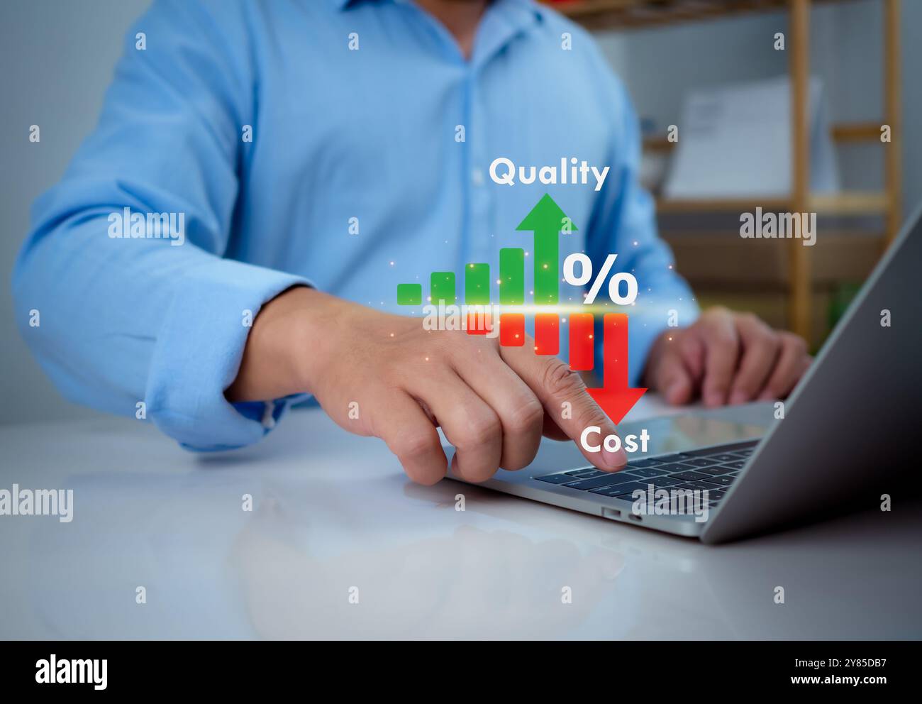 Businessman touching showing a quality control growth graph and cost reduction, Cost and quality ...