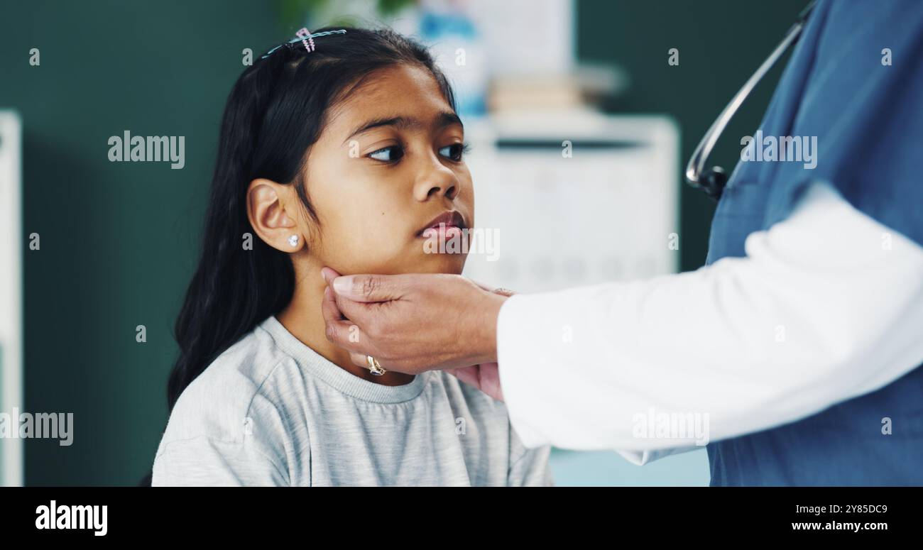 Doctor, child and neck check with exam, care and medical assessment for ...