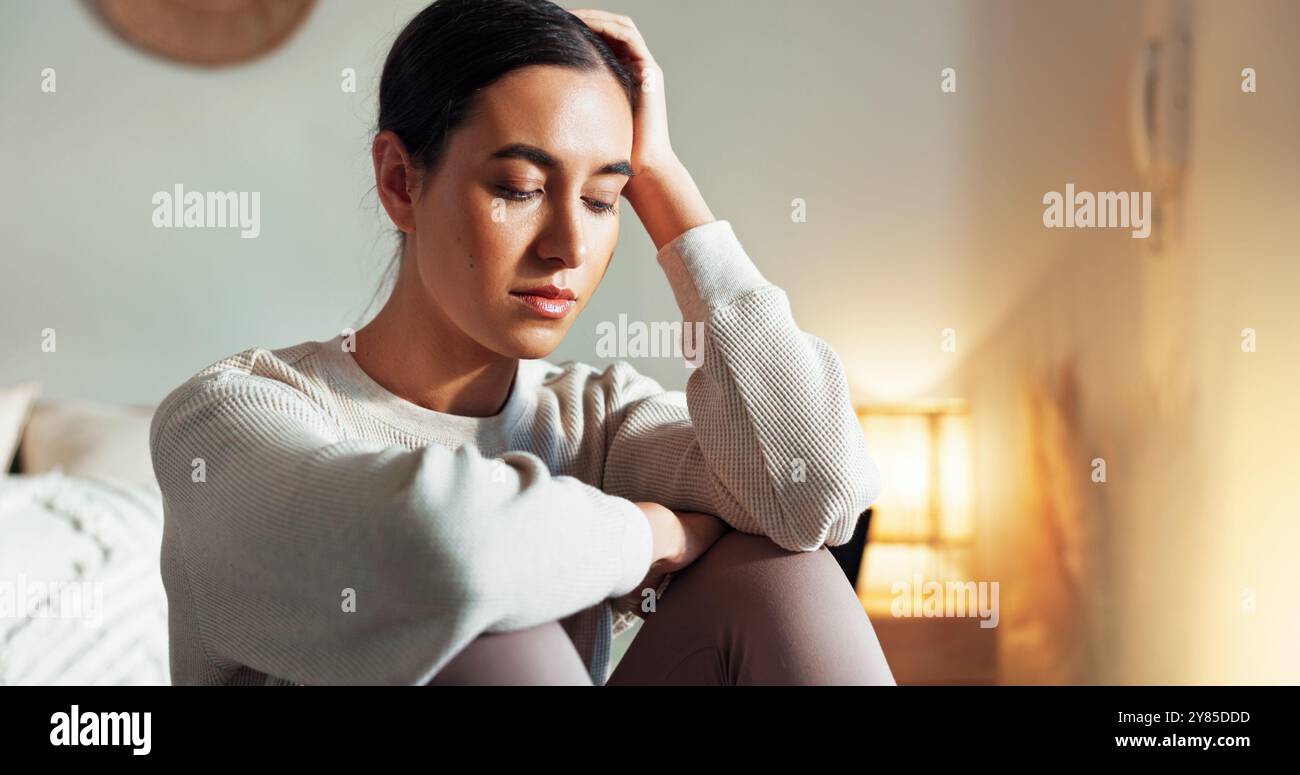 Woman, thinking and tired in home for stress, burnout and bad mental ...