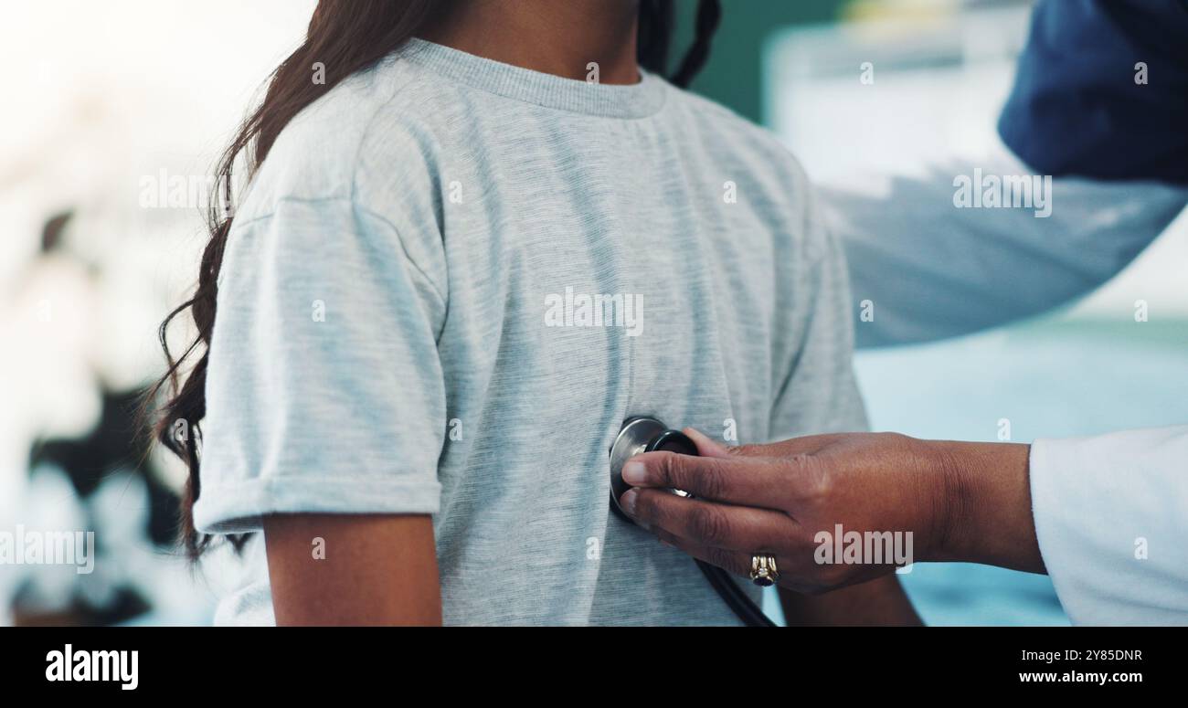 Doctor, child and lungs with breathing check, listening and medical ...