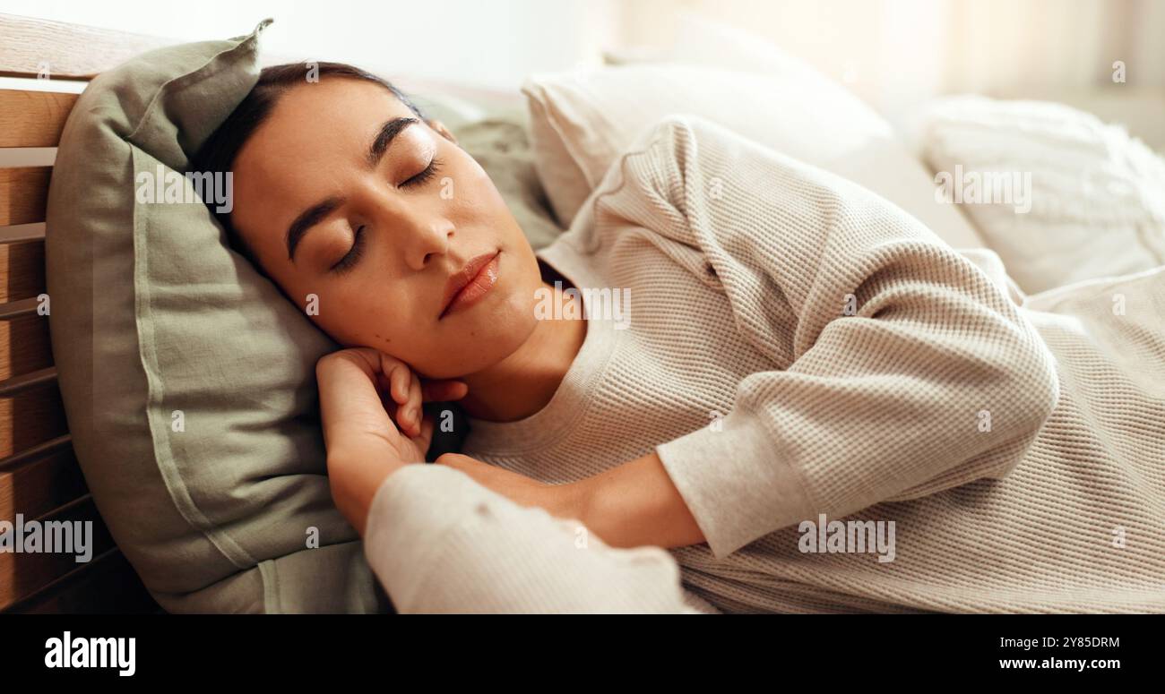 Woman, fatigue and sleeping in home for relax, comfortable and ...