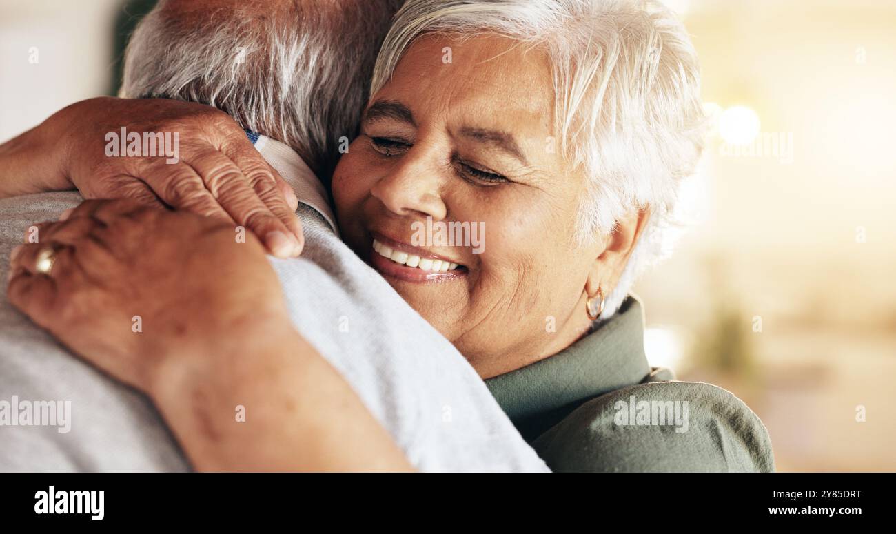 Senior couple, hug and home with love, care and support together with ...