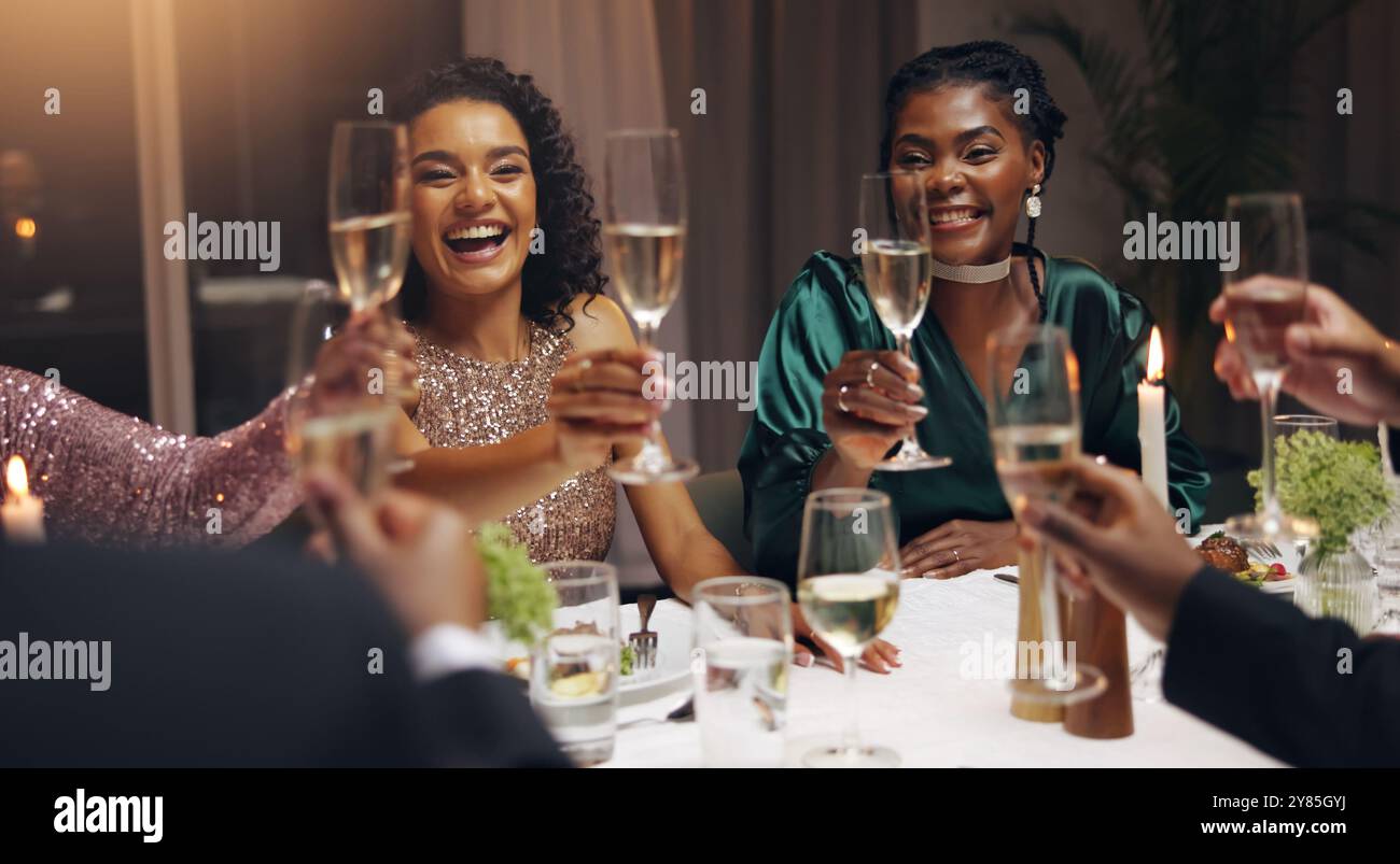 Business people, dinner and toast champagne at night in celebration ...