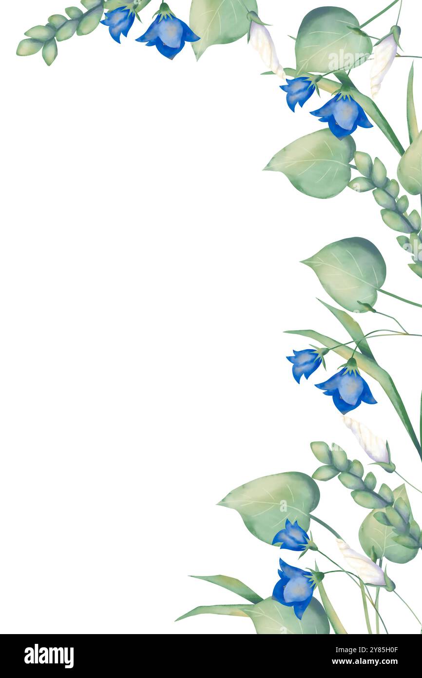 Border frame with bellflower flowers and leaves, white pitunia buds ...
