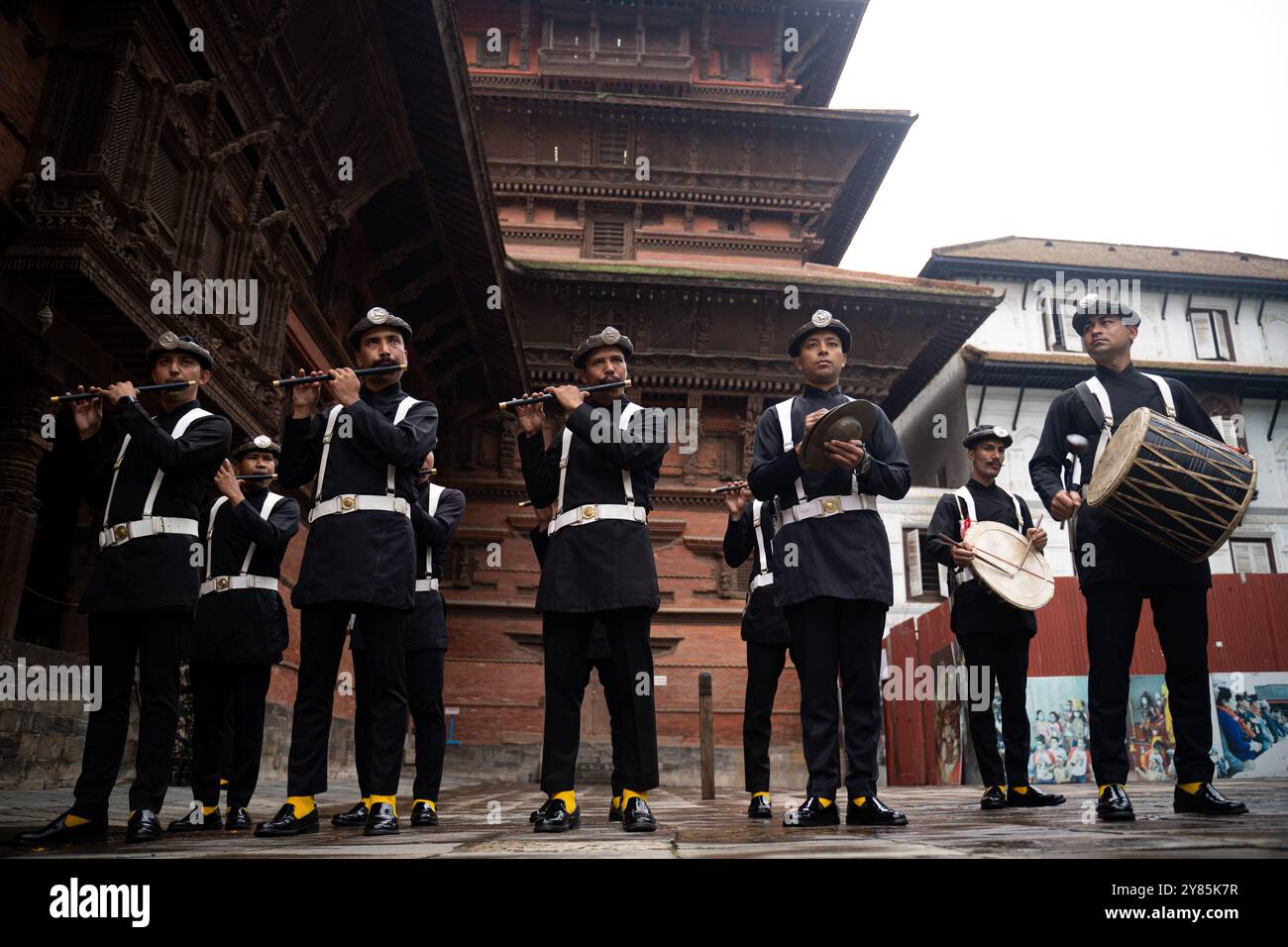Nepalese Army soldiers play an instruments on Ghatasthapana, to ...