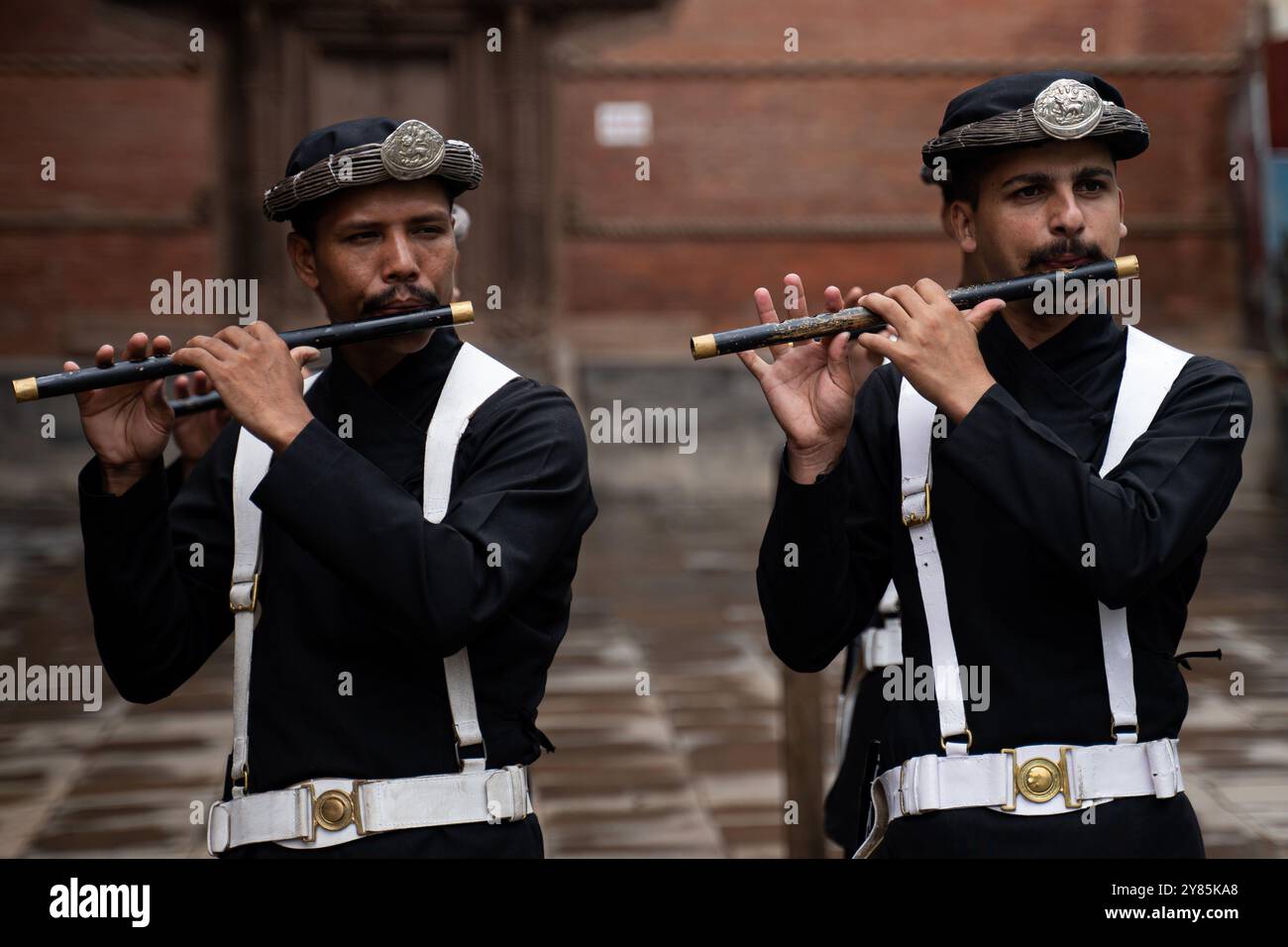 Nepalese Army soldiers play flute on Ghatasthapana, to commence the ...