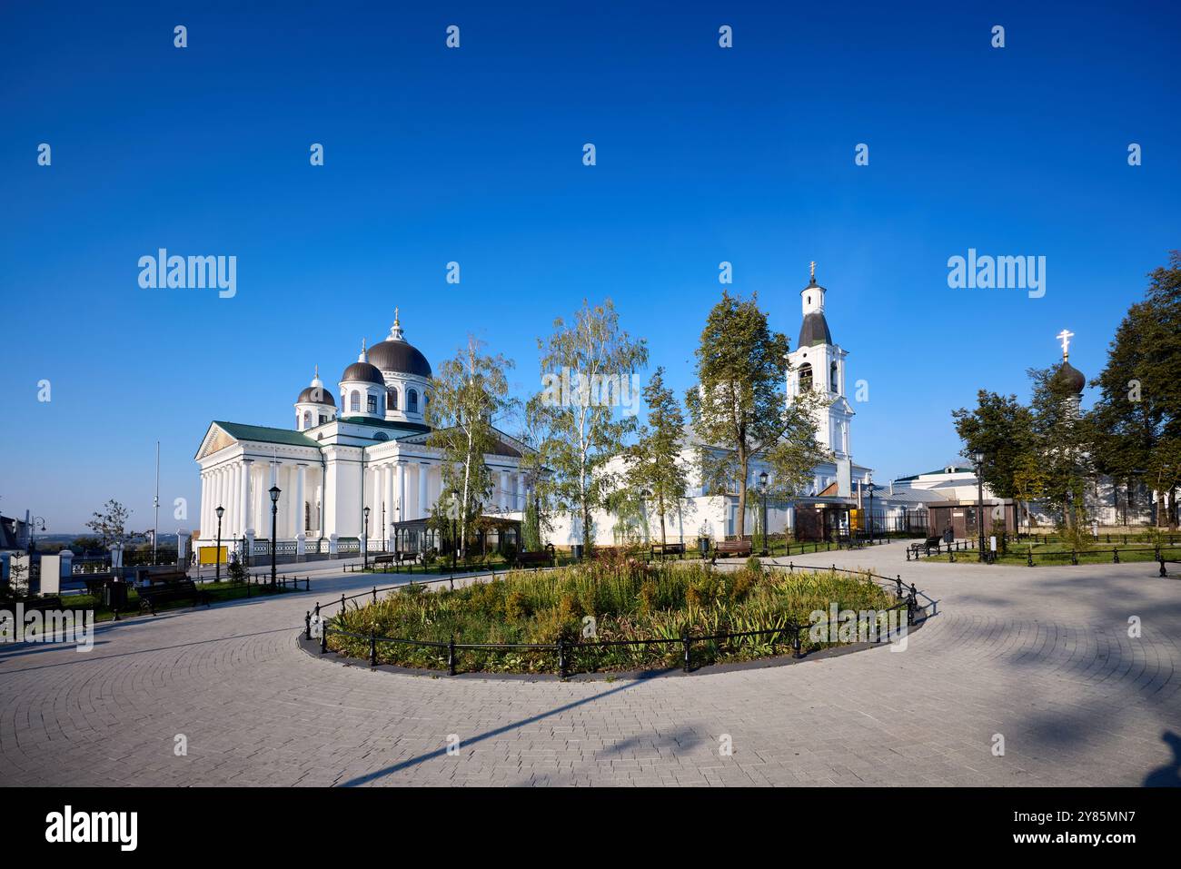 Majestic cathedral with domes against blue sky in Arzamas, surrounded ...