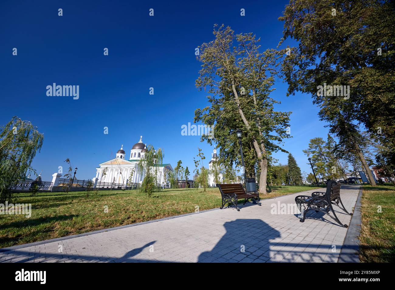 Majestic cathedral with domes against blue sky in Arzamas, surrounded ...