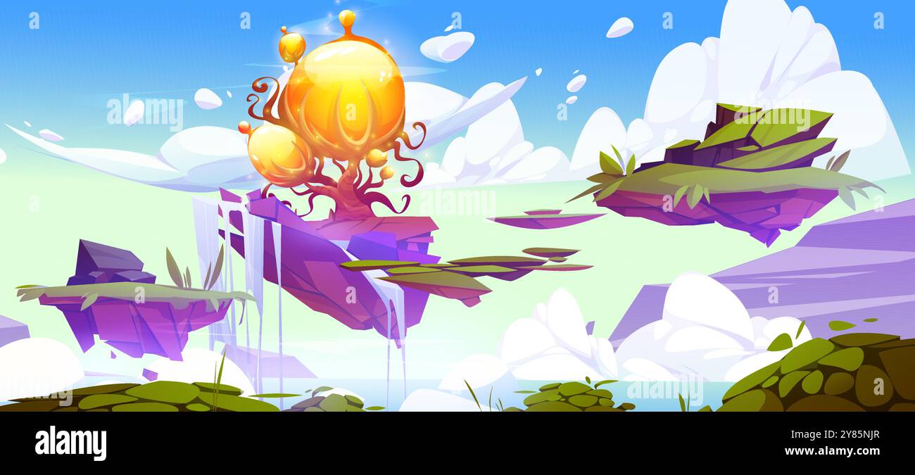 Floating islands with magic tree in sky. Vector cartoon illustration of ...