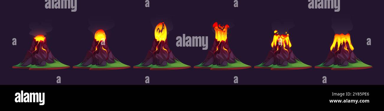 Volcano eruption animation set isolated on black background. Vector ...
