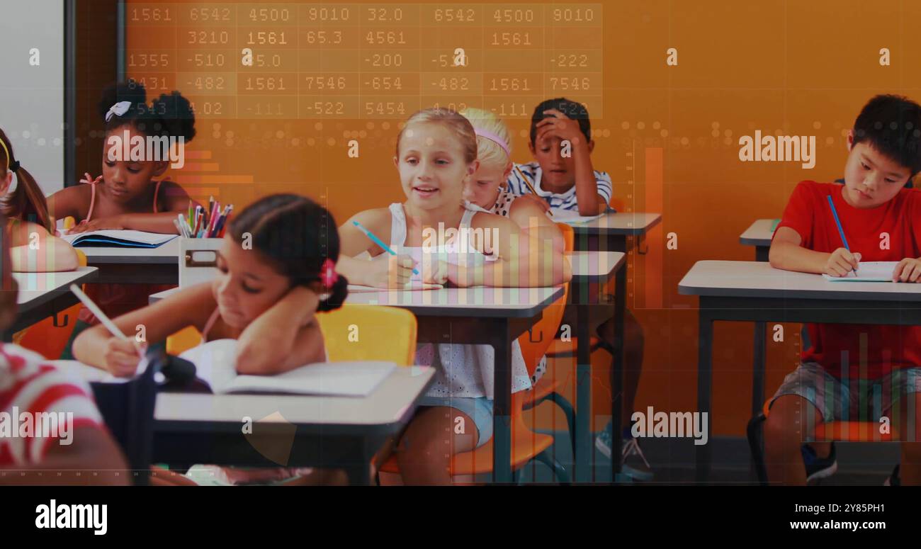 Children studying in classroom with data processing image over them ...