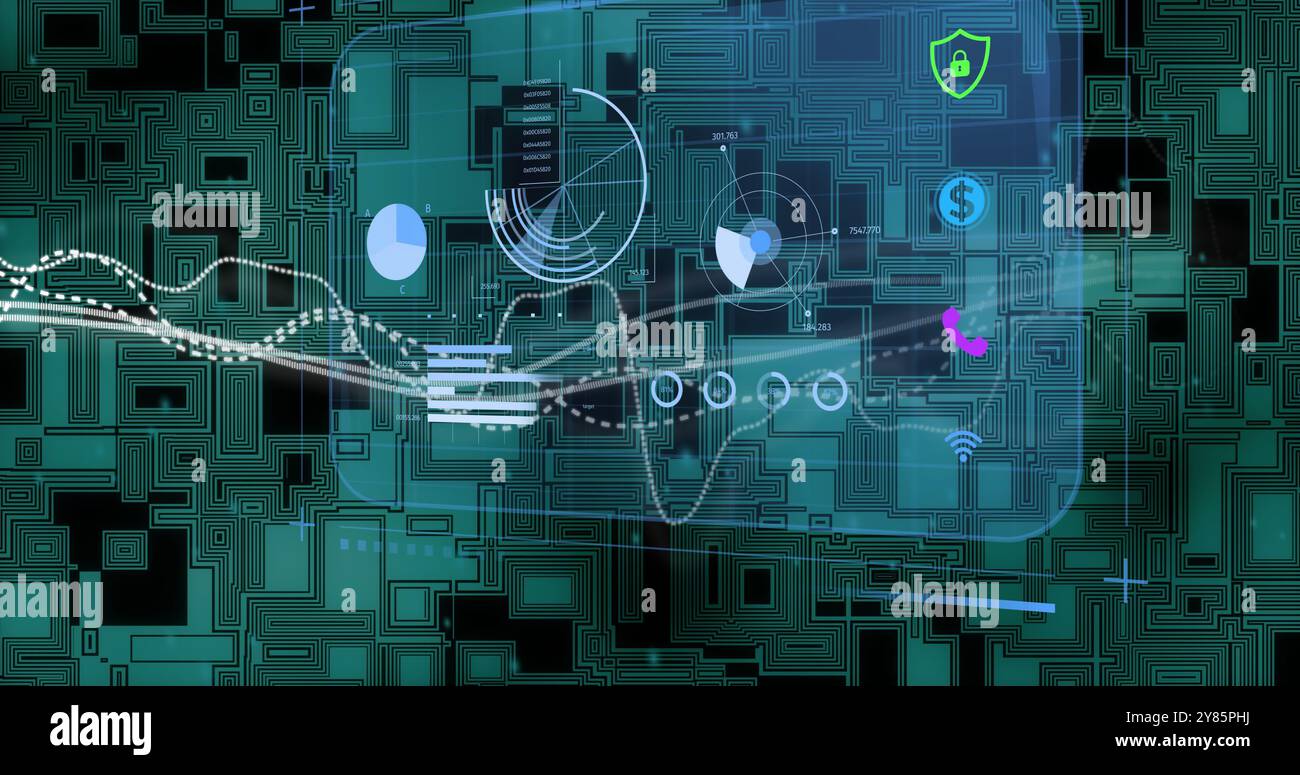 Financial data charts and graphs image over digital circuit board ...