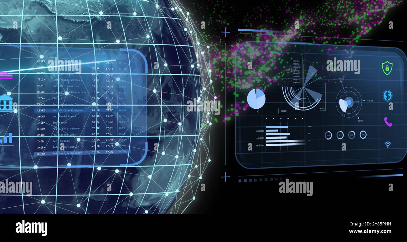 Financial data analysis image over digital globe with graphs and charts ...