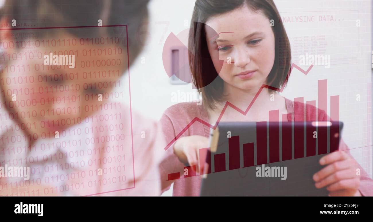 Binary code and data analysis image over children using tablets Stock Photo - Alamy