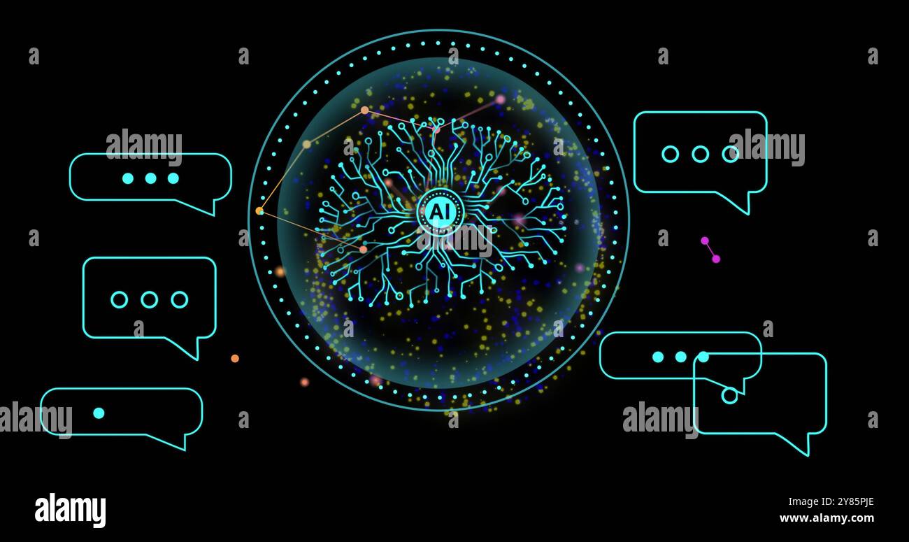 AI neural network and chat bubbles image over black background with ...