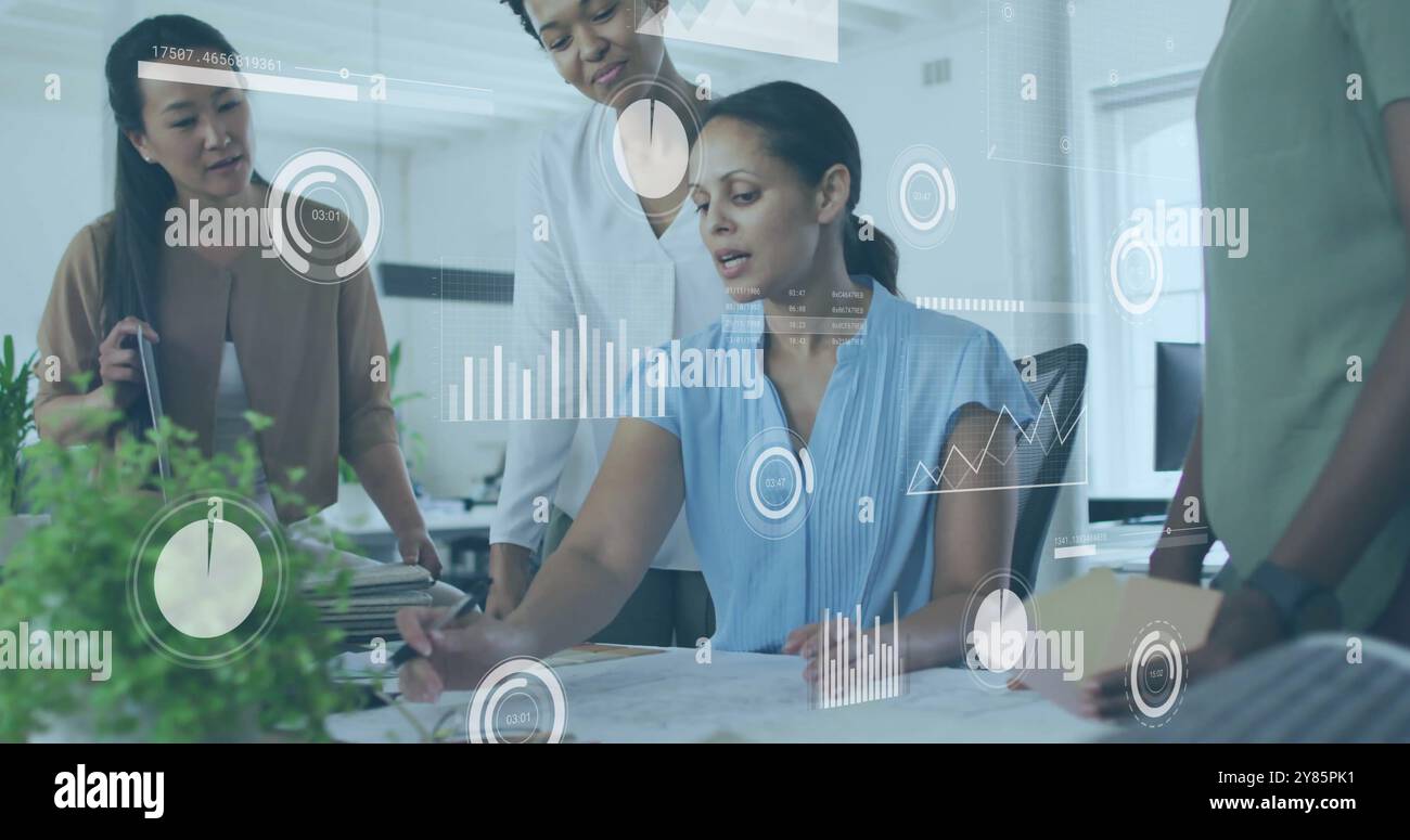 Business data analytics image over diverse team collaborating in modern ...