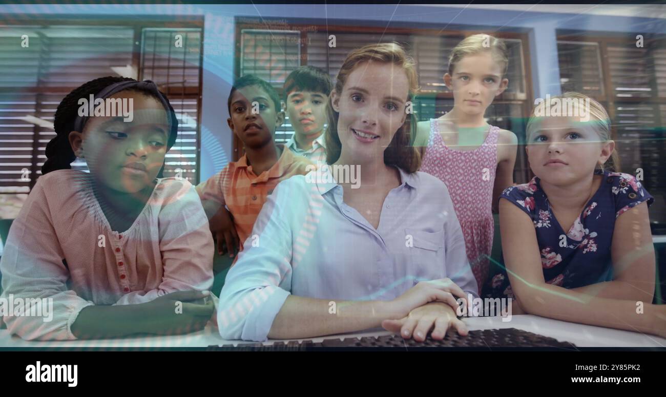 Computer code image over diverse children and teacher in classroom ...