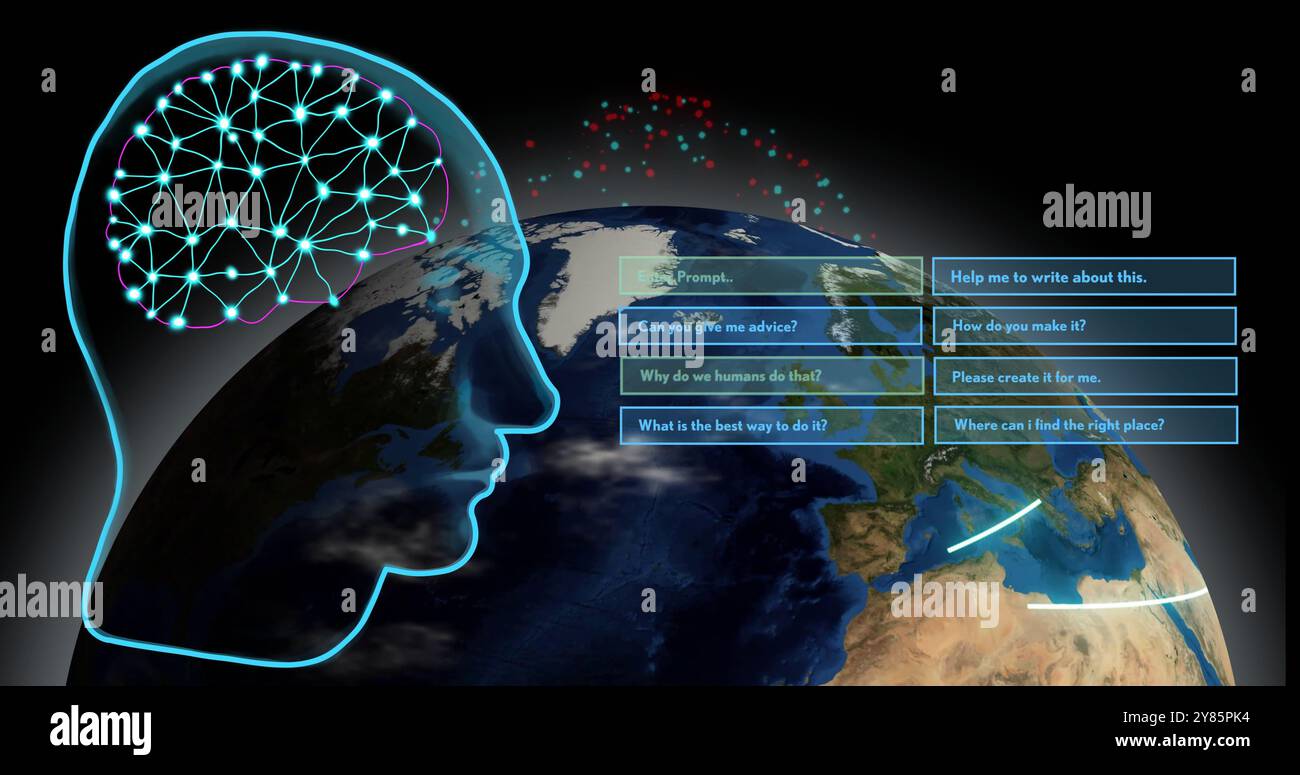 Neural network image over Earth with text prompts about creating ...