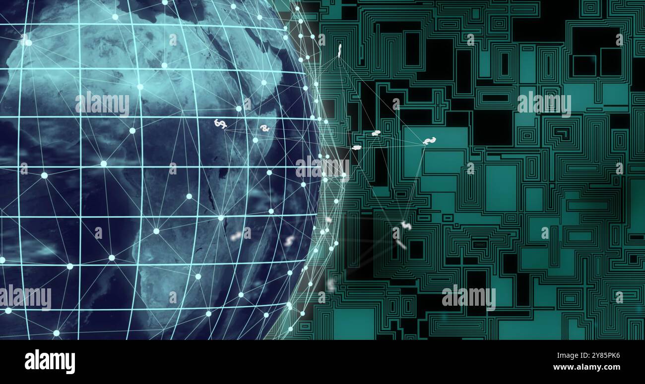 Digital globe with network connections transitioning into circuit board ...