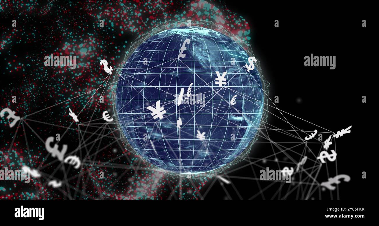 Global currency symbols rotating around digital globe, financial ...