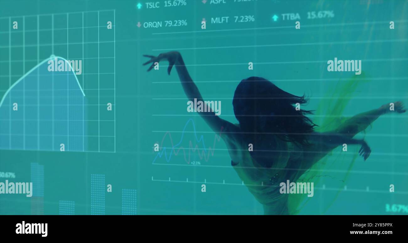 Image of charts processing data over caucasian woman swimming in sunny ...