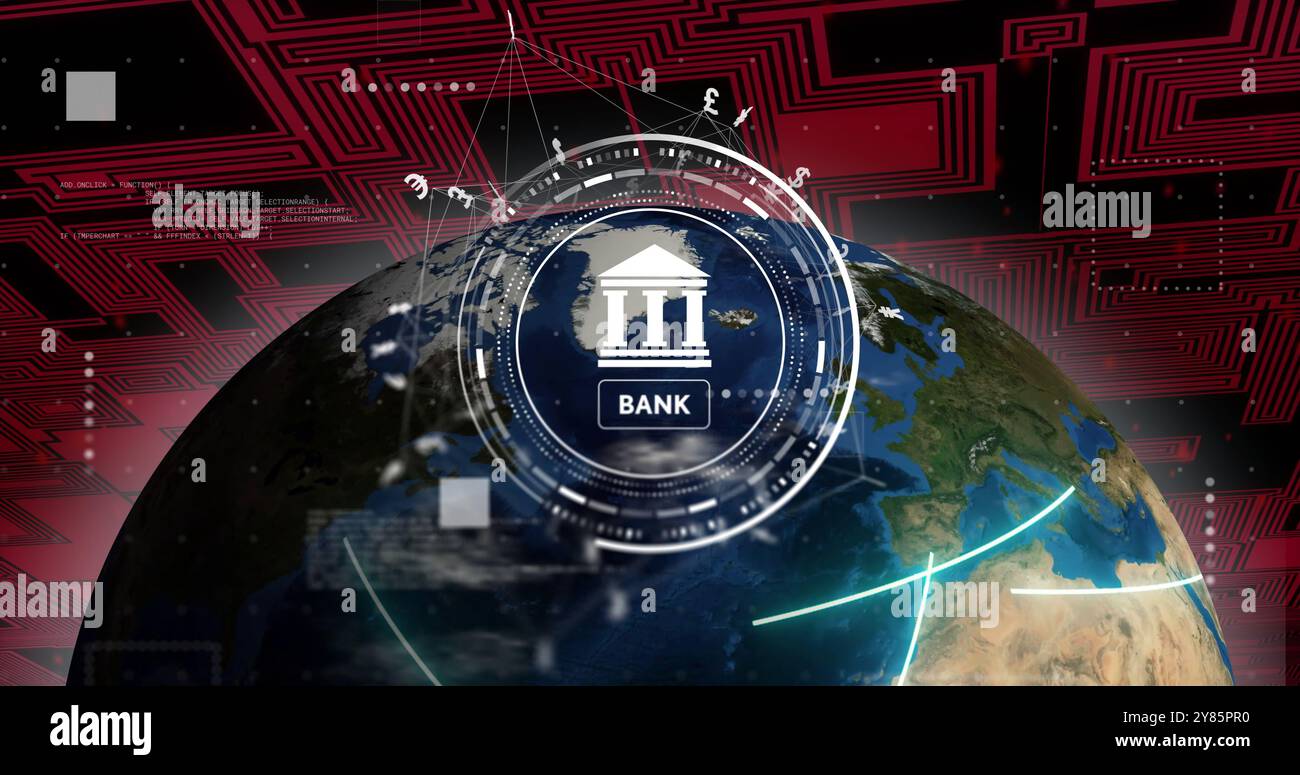 Banking system image over rotating Earth with currency symbols and ...