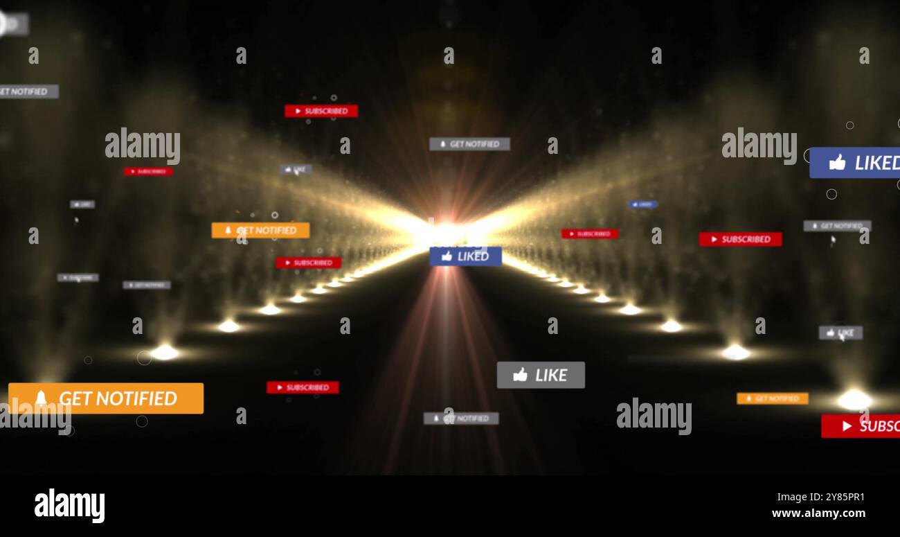 Social media engagement buttons image over illuminated pathway with ...