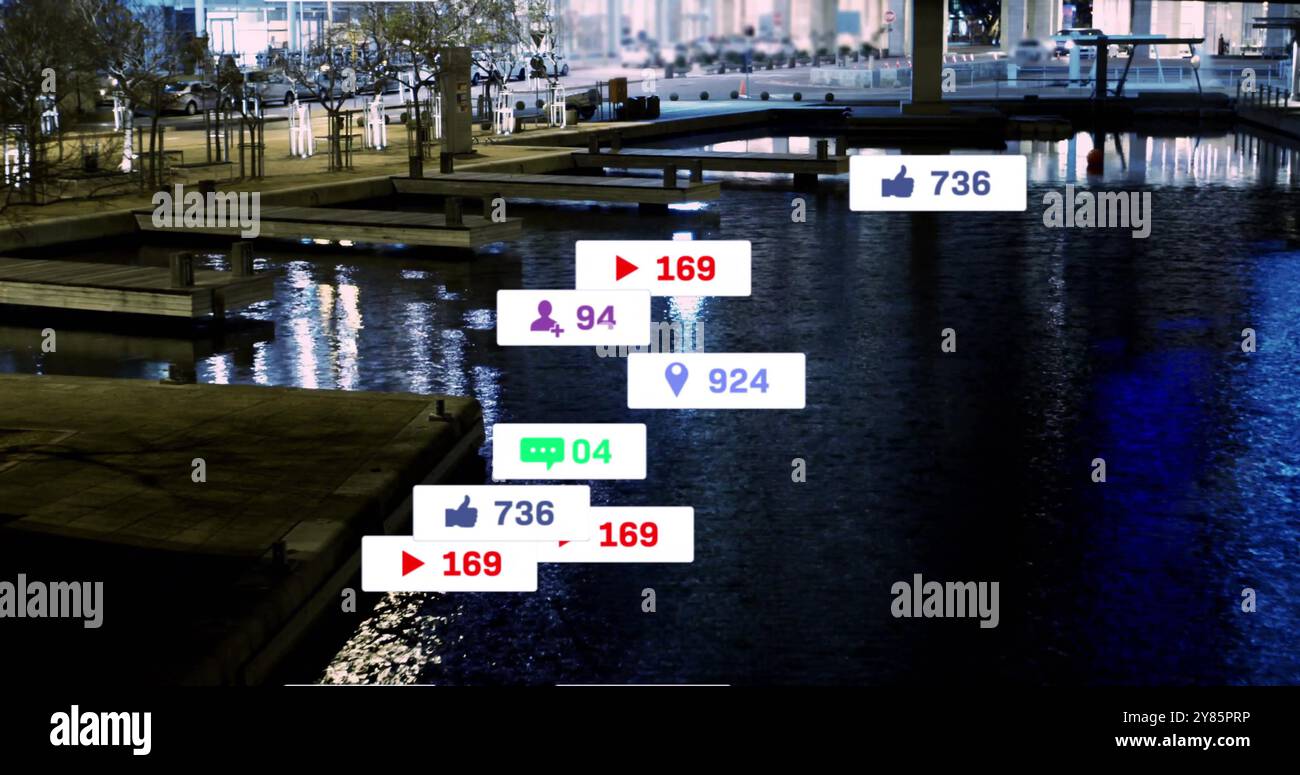 Social media notifications image over cityscape with reflections on ...