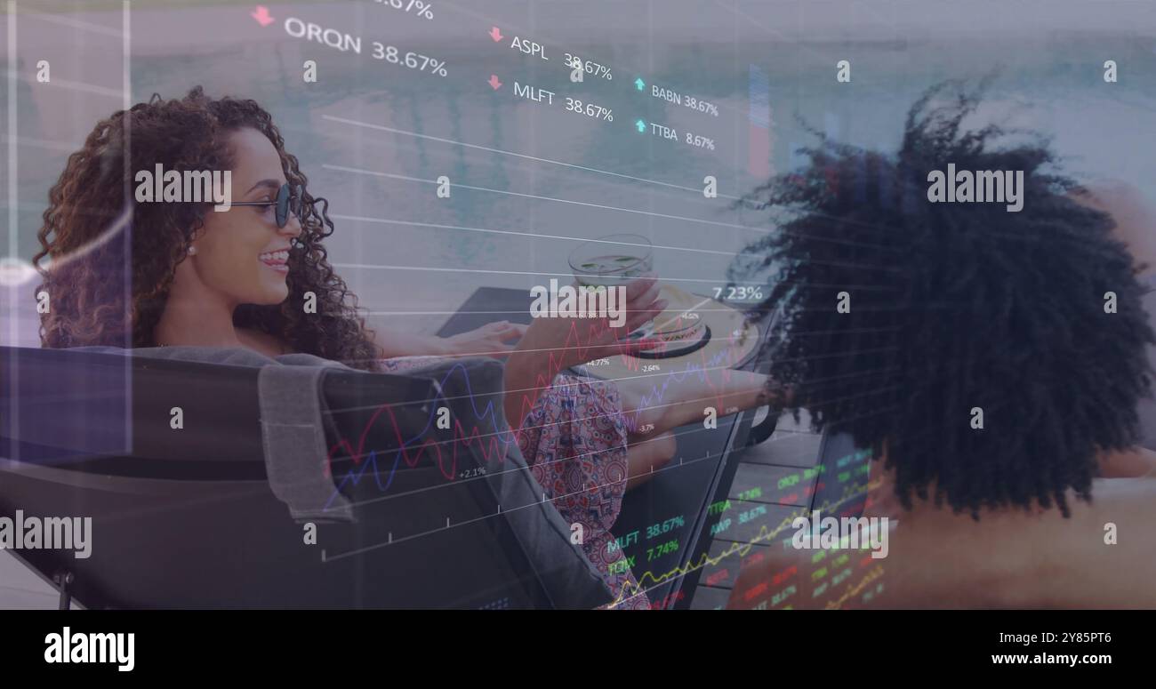 Image of charts processing data over diverse relaxing beside sunny ...