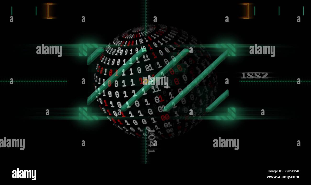 Image of spinning globe and shapes over binary coding Stock Photo - Alamy