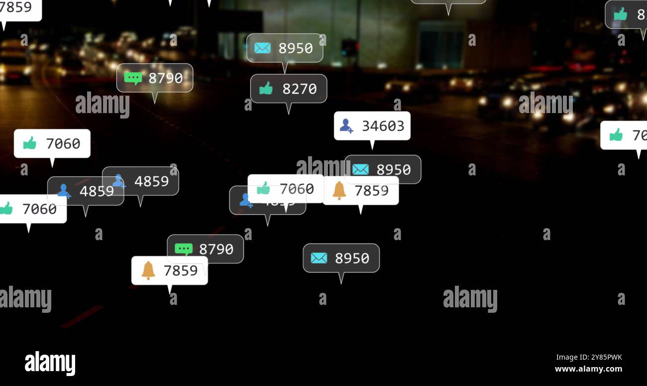 Social media interaction icons image over night traffic scene. urban ...