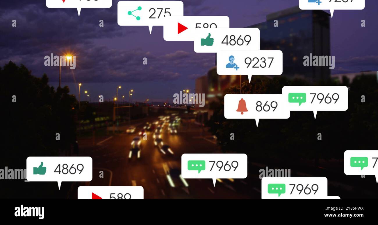 Social media notifications image over city traffic at night. Technology, communication, digital ...