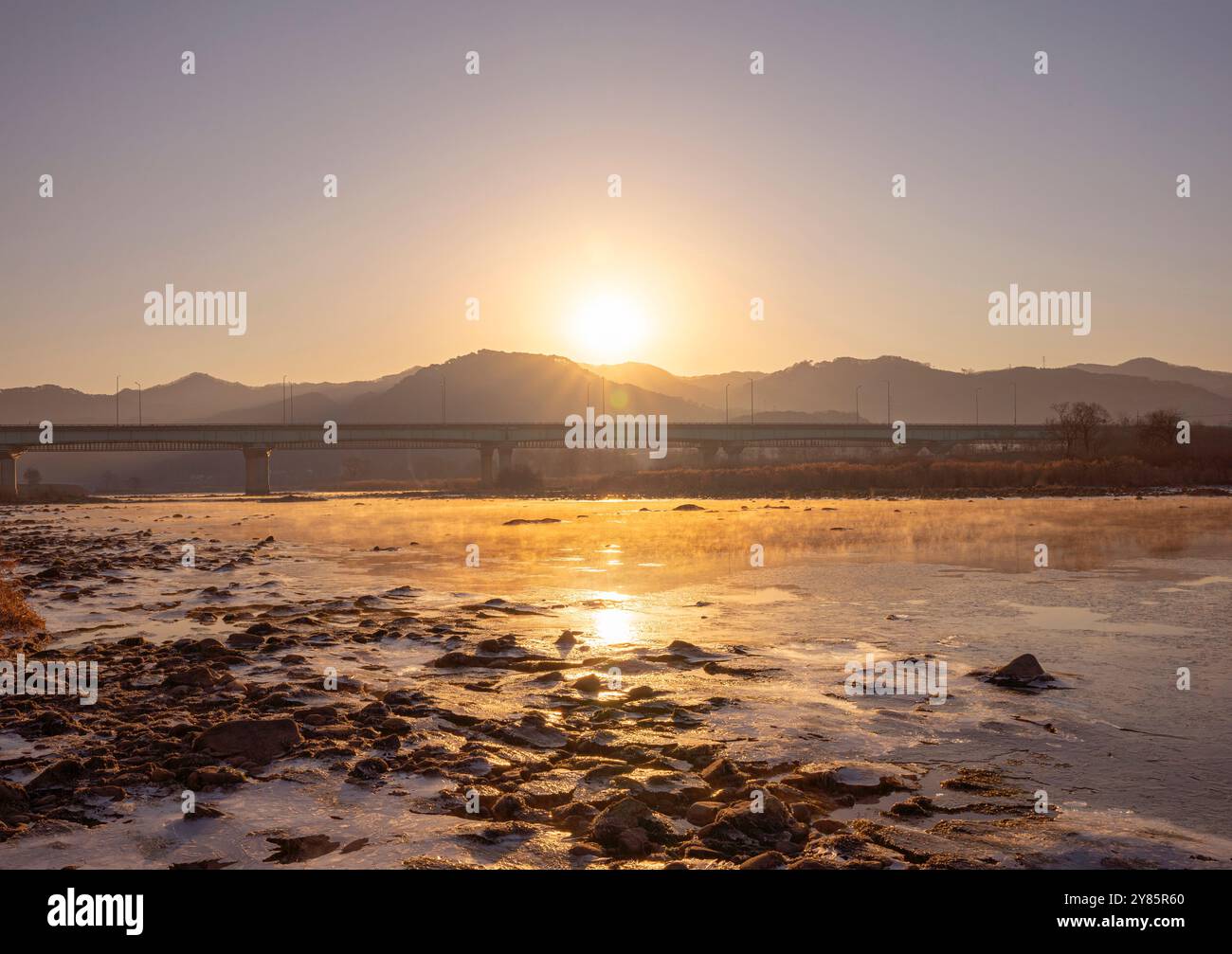 A serene winter morning near Soyang 5th Bridge in Chuncheon, South ...