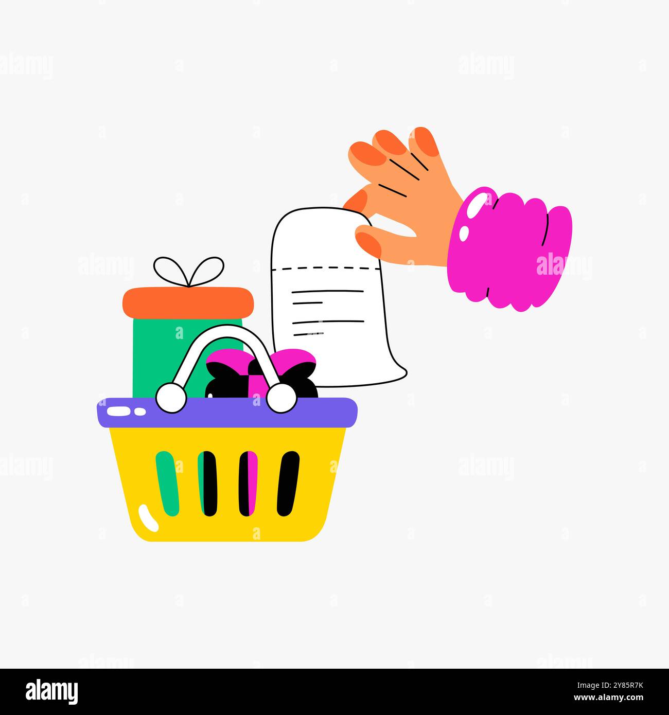 Hand placing receipt in shopping basket in flat vector illustration ...