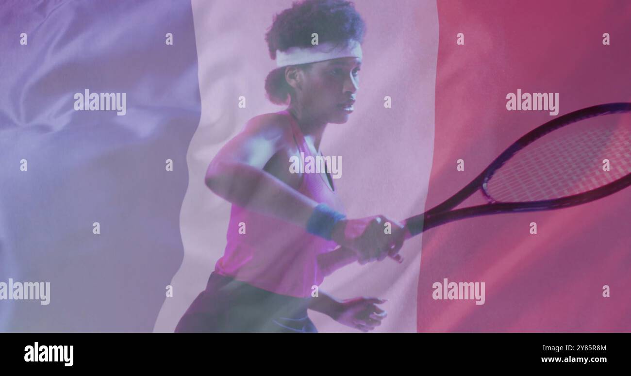 Image of flag of france over african american female tennis player with ...