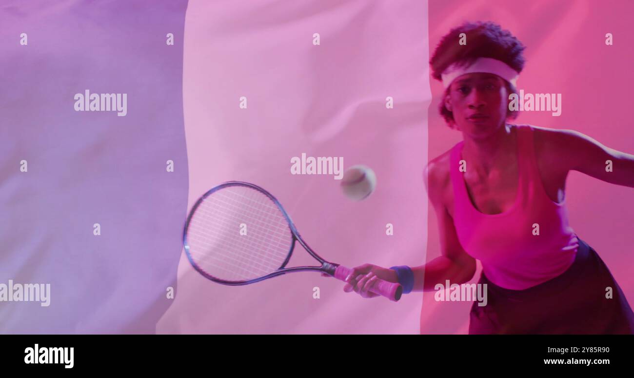 Image of flag of france over african american female tennis player with ...