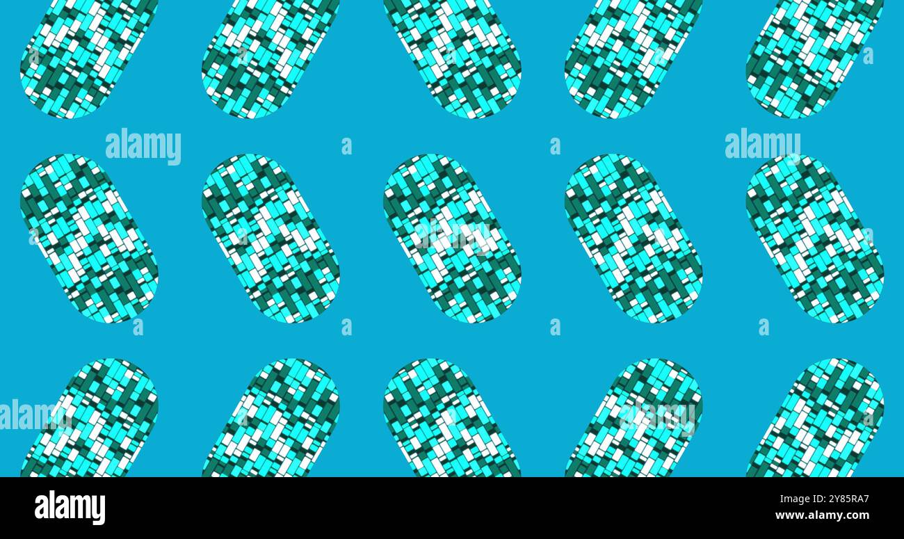 Image of vertical rows of blue mosaic capsule shapes moving on blue ...