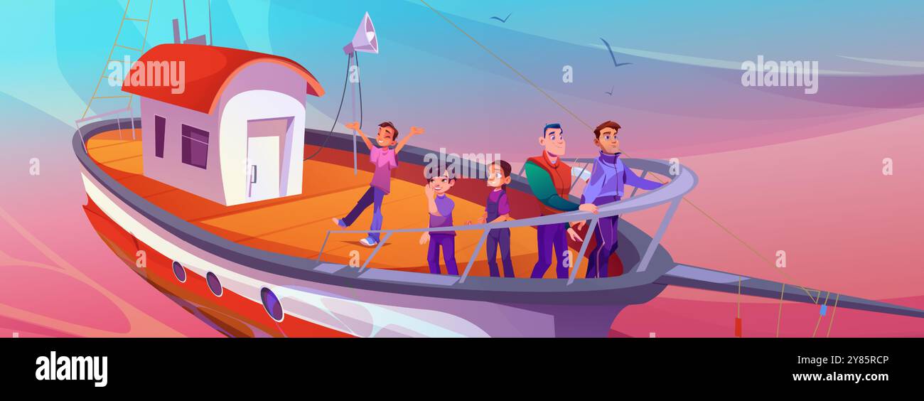 Men and teen kids tourists on fishing boat in sea or ocean on sunrise ...