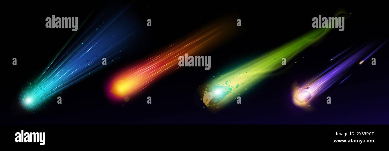 Neon comets set isolated on black background. Vector realistic ...