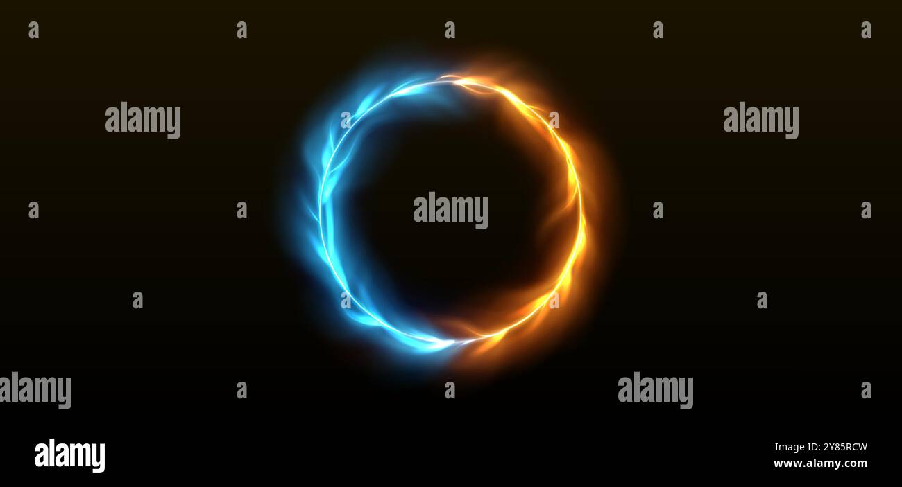 Spin yellow and blue fire ring with neon glowing tongues of flame and ...