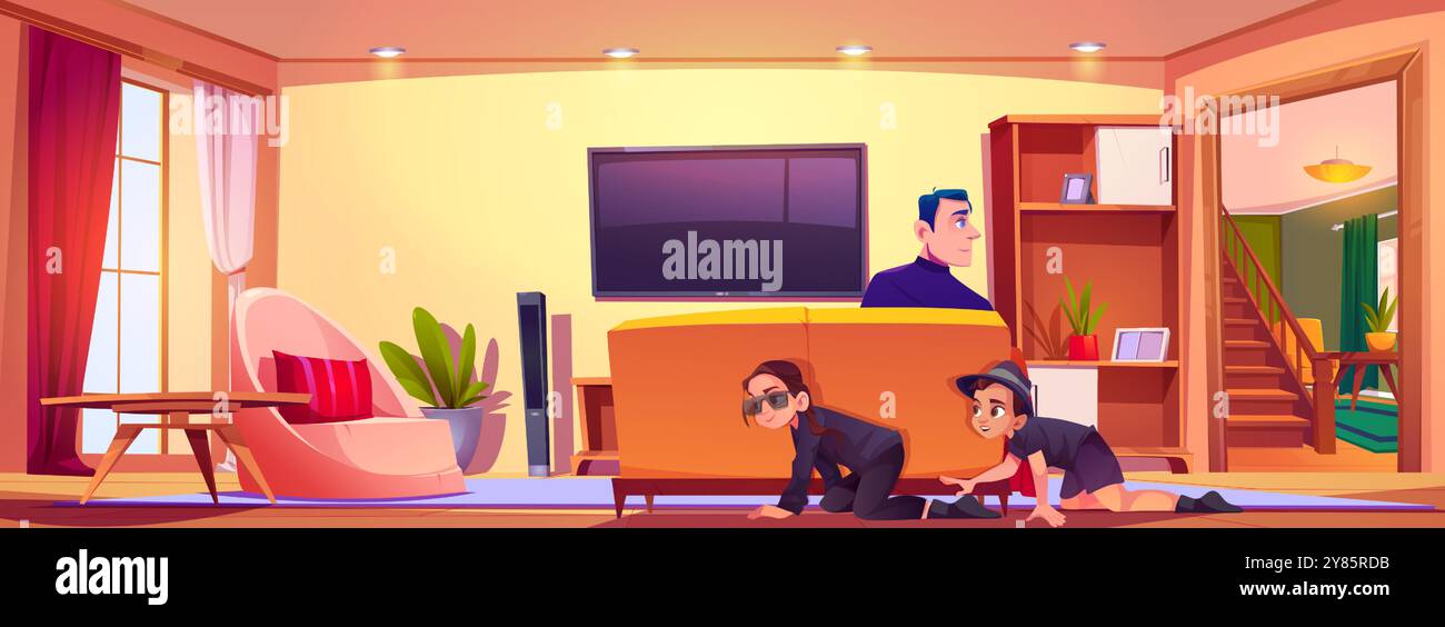 Children playing hide and seek with father in living room. Vector ...