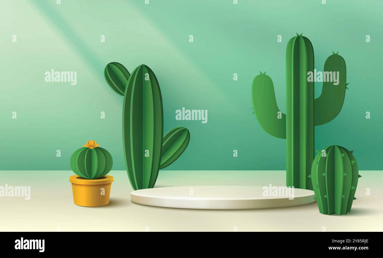 3d summer cactus podium for product display vector. Cute cosmetic stage ...