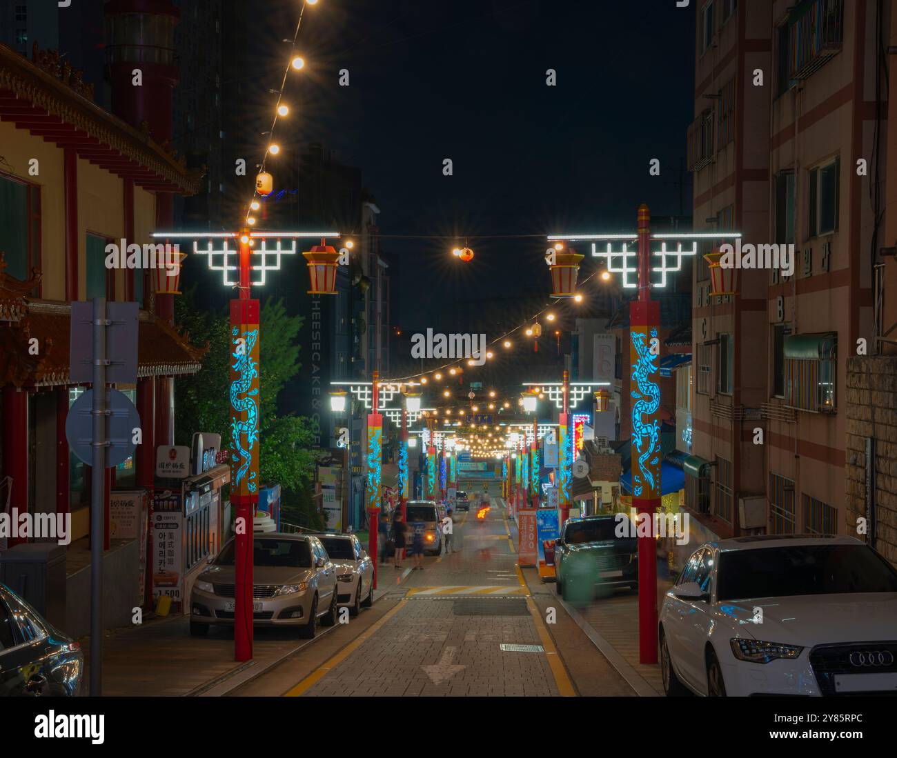Vibrant night scene of Incheon Chinatown with red street lamps ...