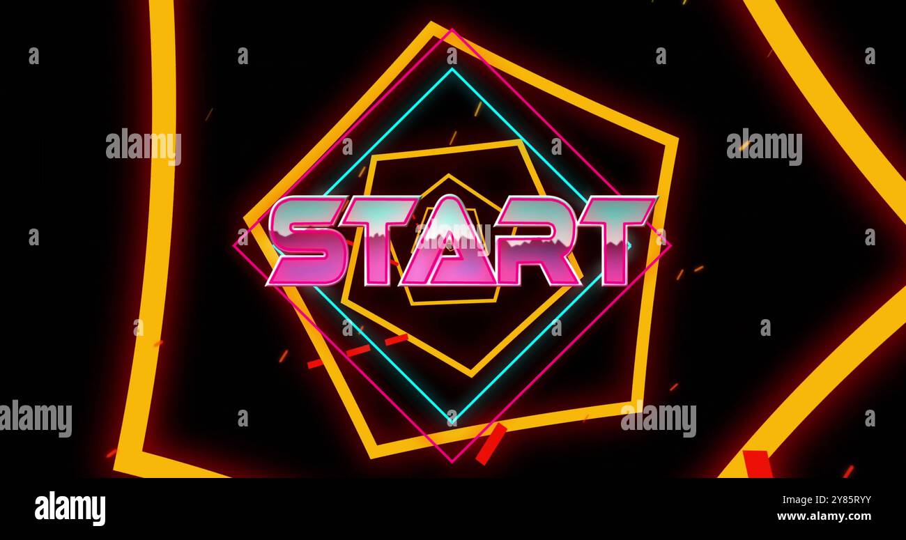 Image of start text in pink metallic letters over colourful hexagon ...