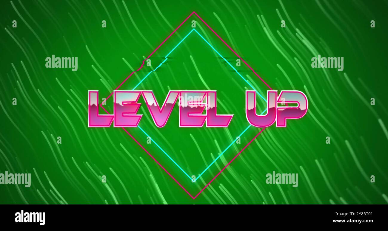 Image of level up text in pink metallic letters over white light trails ...
