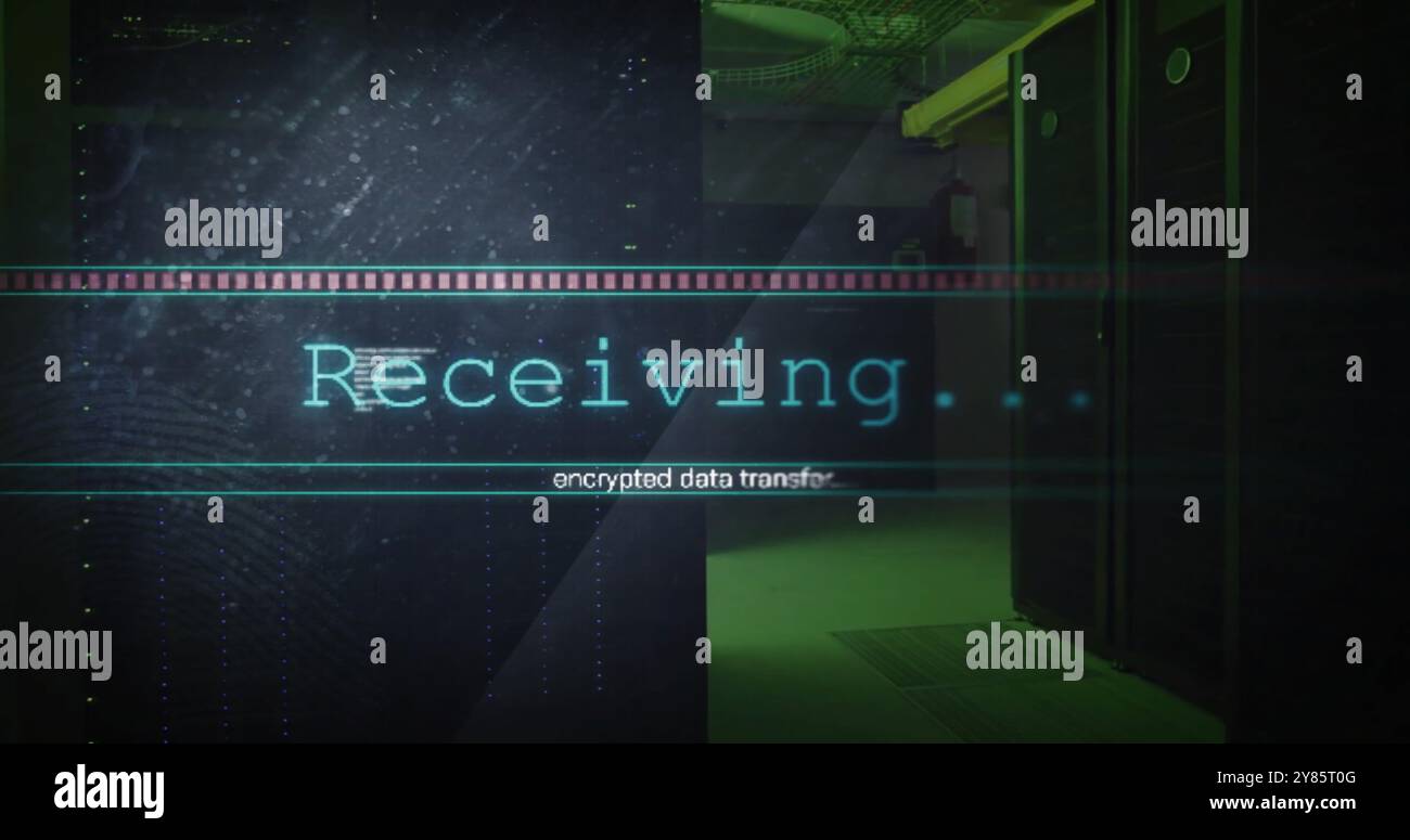 Image of receiving, encrypted data text on interface processing over server room. Network, data ...